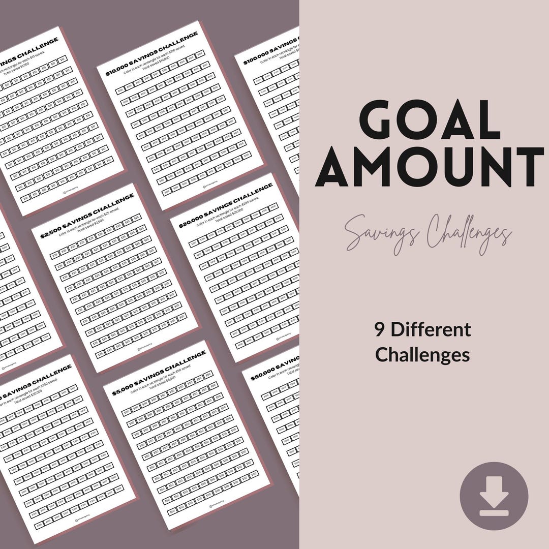 Printable Goal Amount Savings Challenges | Save 1,000 to 100,000 ...