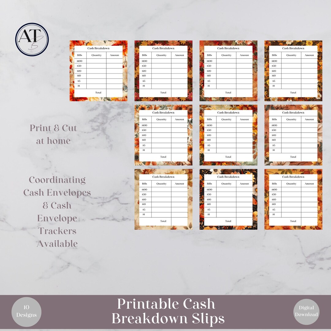 Printable Cash Breakdown Slips, Digital Download, Autumn Flowers ...