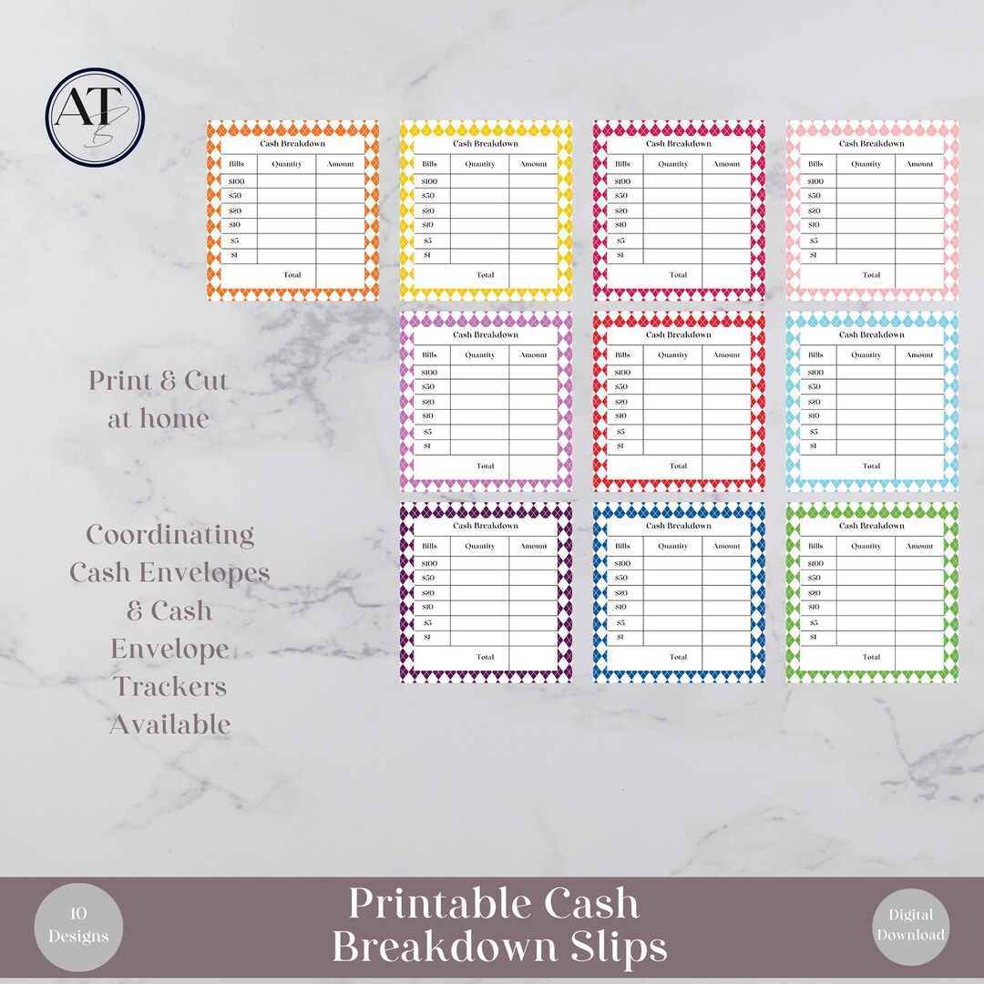 Printable Cash Breakdown Slips, Digital Download, Argyle Designs, 10 ...