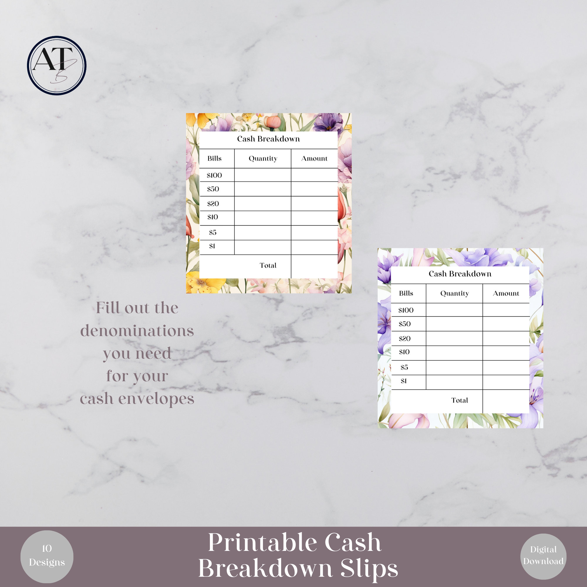 Printable Cash Breakdown Slips, Digital Download, Spring Flowers ...