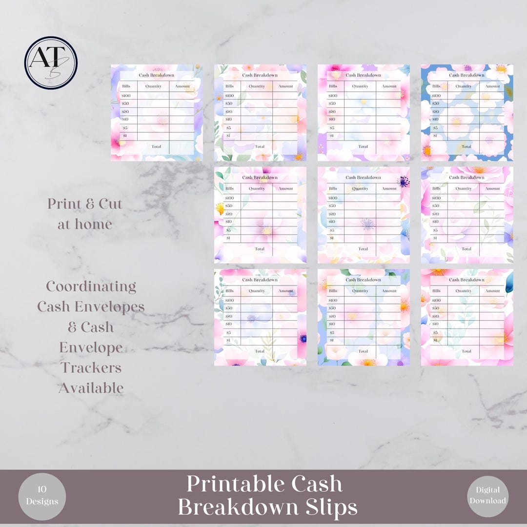 Printable Cash Breakdown Slips, Digital Download, Easter Flowers ...