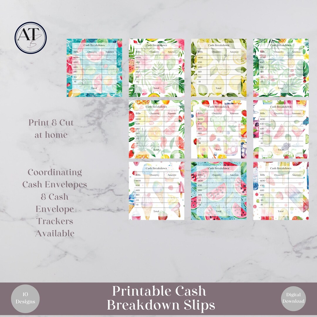 Printable Cash Breakdown Slips, Digital Download, Watercolor Summer ...