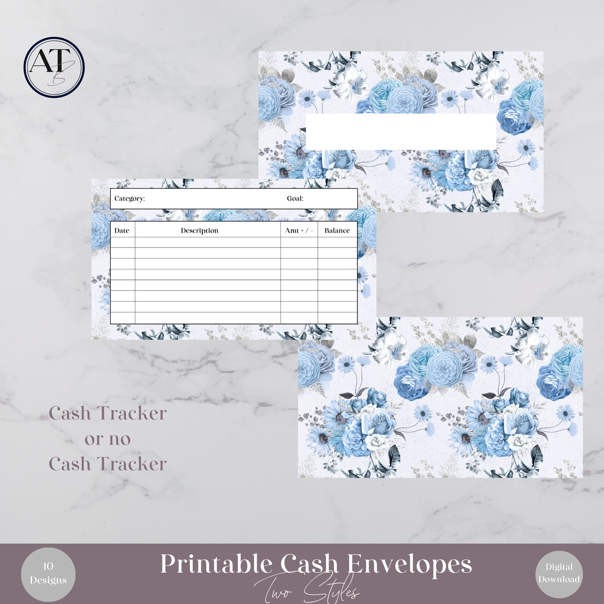 Printable Cash Envelopes, Digital Download, Blue Floral Designs, 2 ...