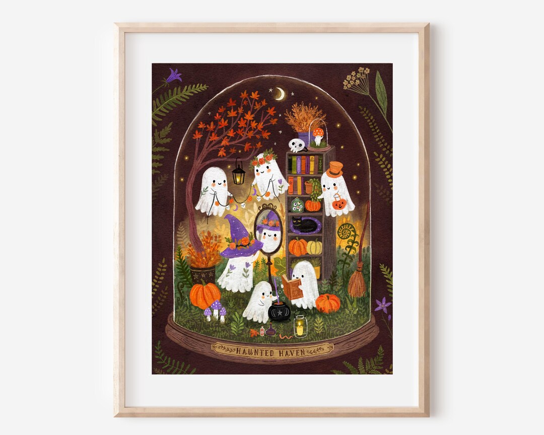 Whimsical Cute Ghost Halloween Art Print Hand Painted, Cozy Ghosts Wall ...