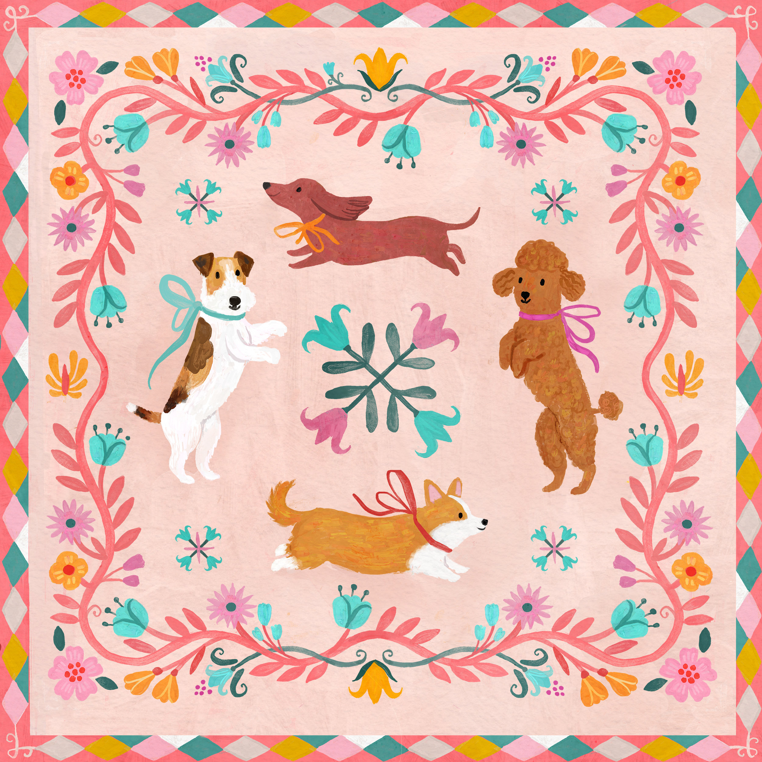 Whimsical Dogs Fine Art Print Cute Pattern Floral Children Nursery Home ...