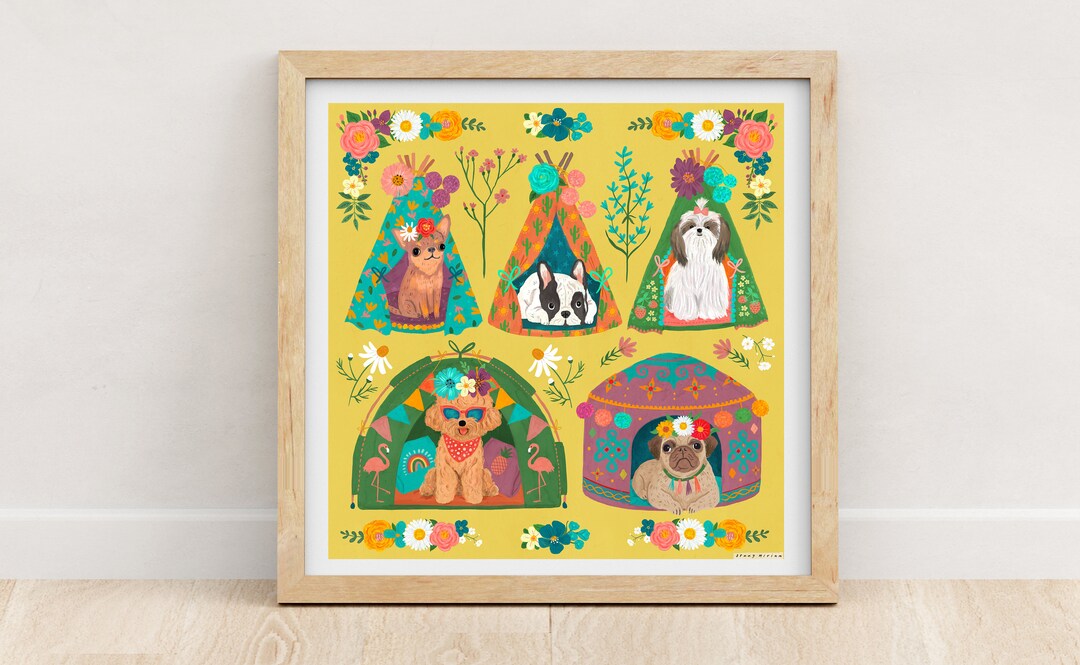 Glamping Dogs in Tipis Poster, Cute Wall Art, Cheerful Dog Art Print - Etsy