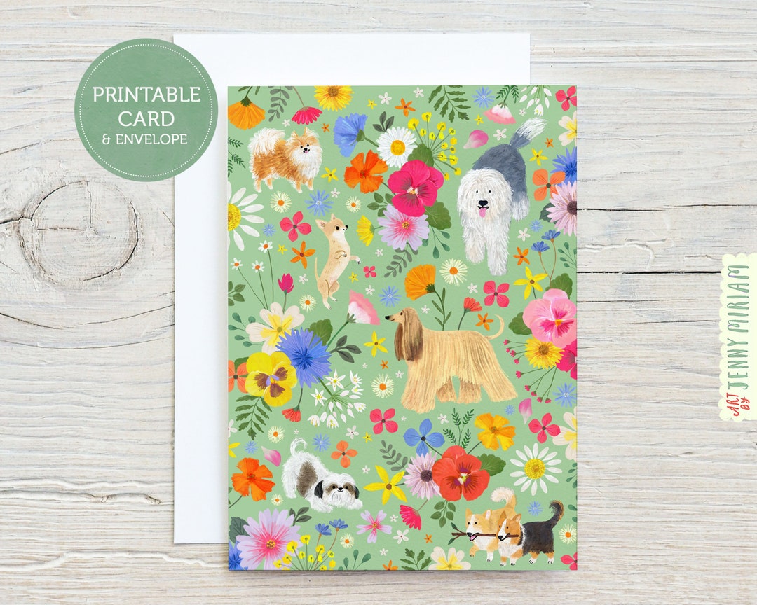 Printable Note Card, Instant Download, Dog, Flower Greeting, Pretty ...