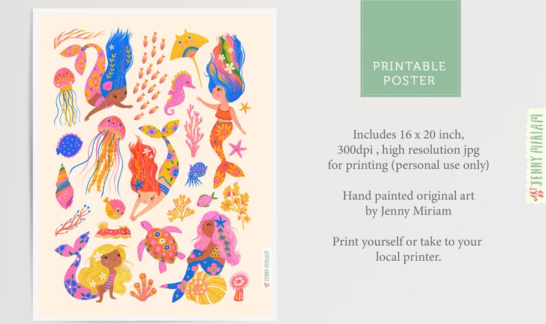 Printable Mermaid Wall Art, Rainbow Mermaids Art Print, Cute Girls Room ...