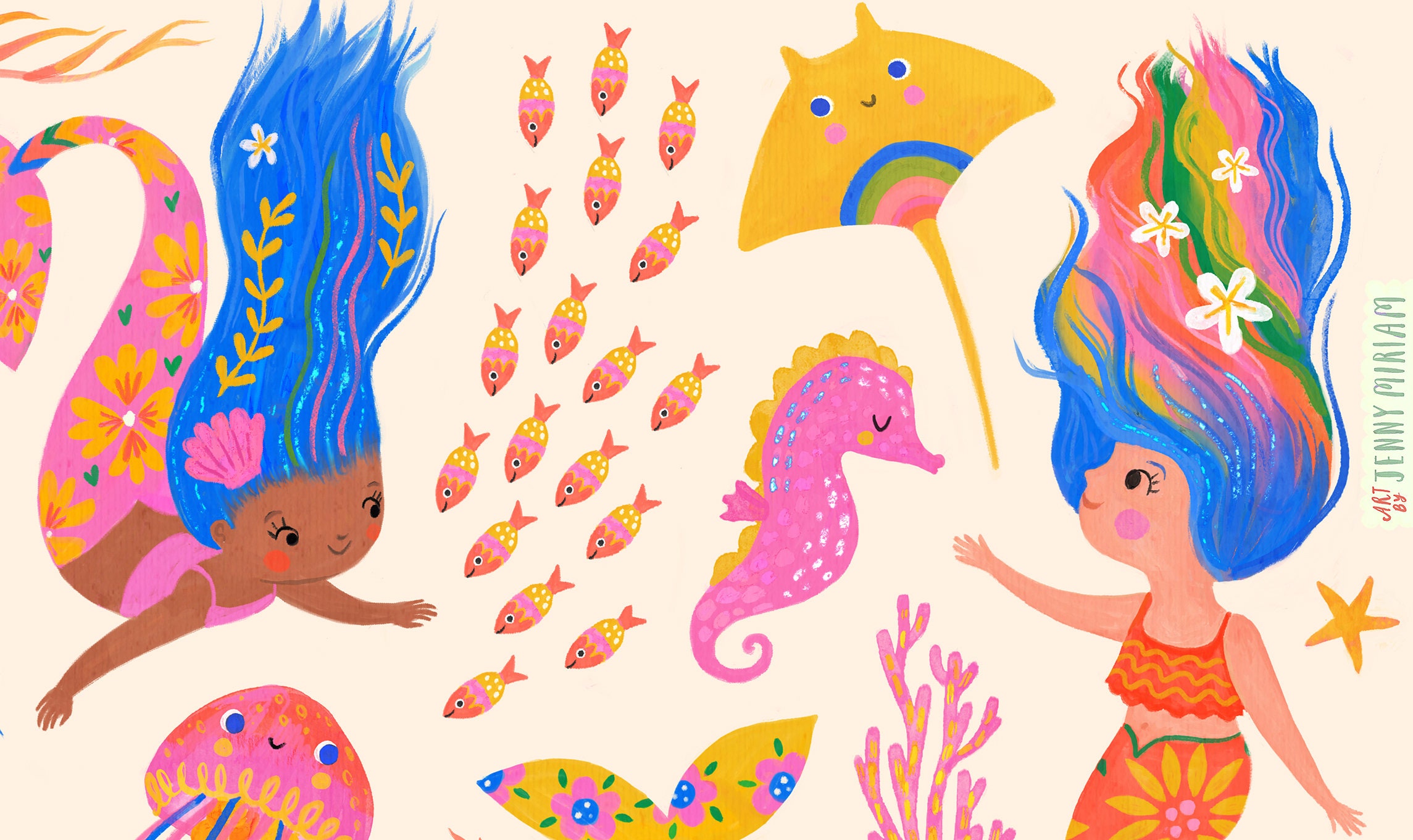 Printable Mermaid Wall Art, Rainbow Mermaids Art Print, Cute Girls Room ...