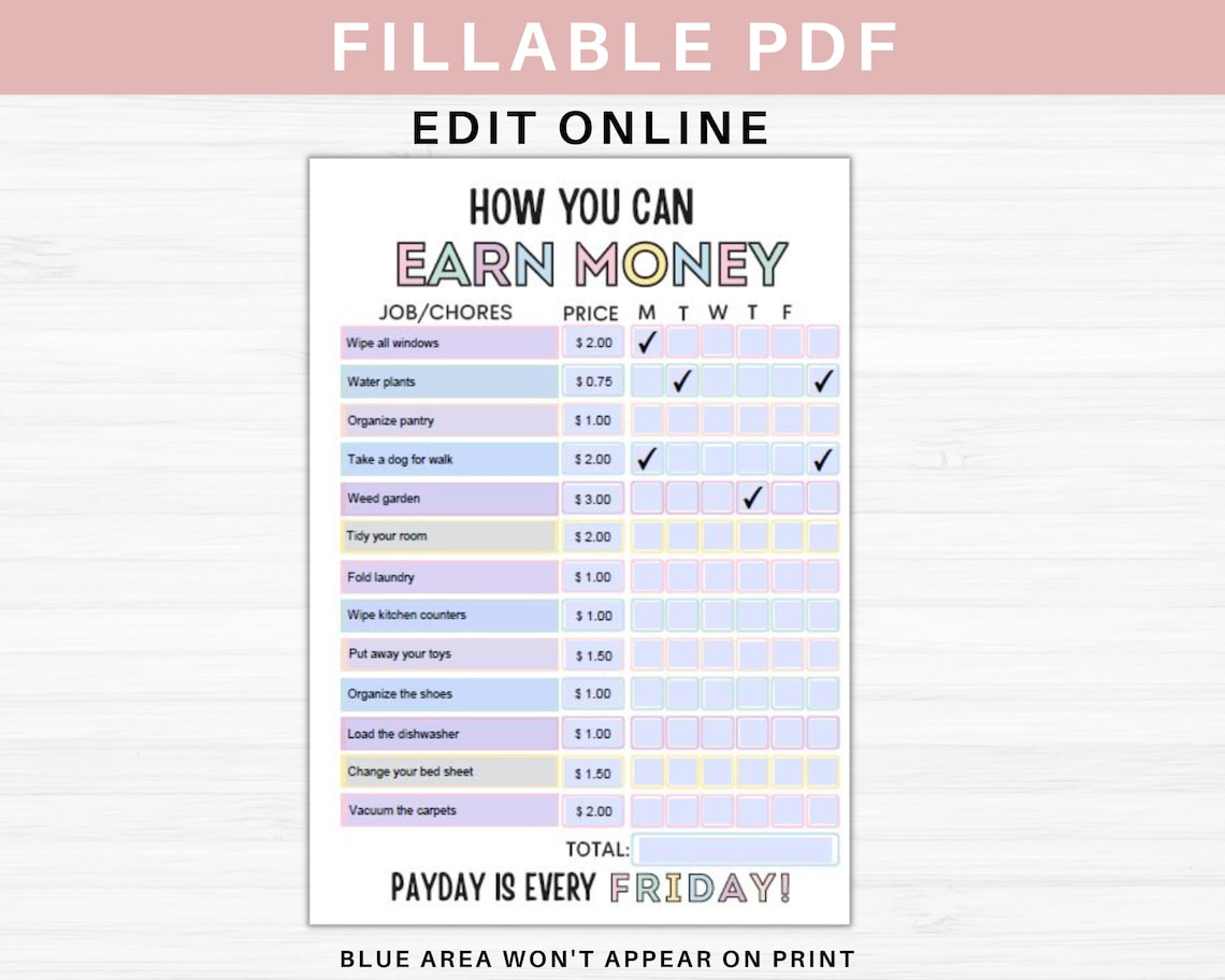How to Earn Money Chore Chart Editable Allowance Chore Chart - Etsy