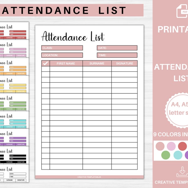 Teacher Attendance List Template - Etsy