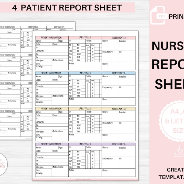 Nurse Report Sheet Template 4 Patient - Etsy
