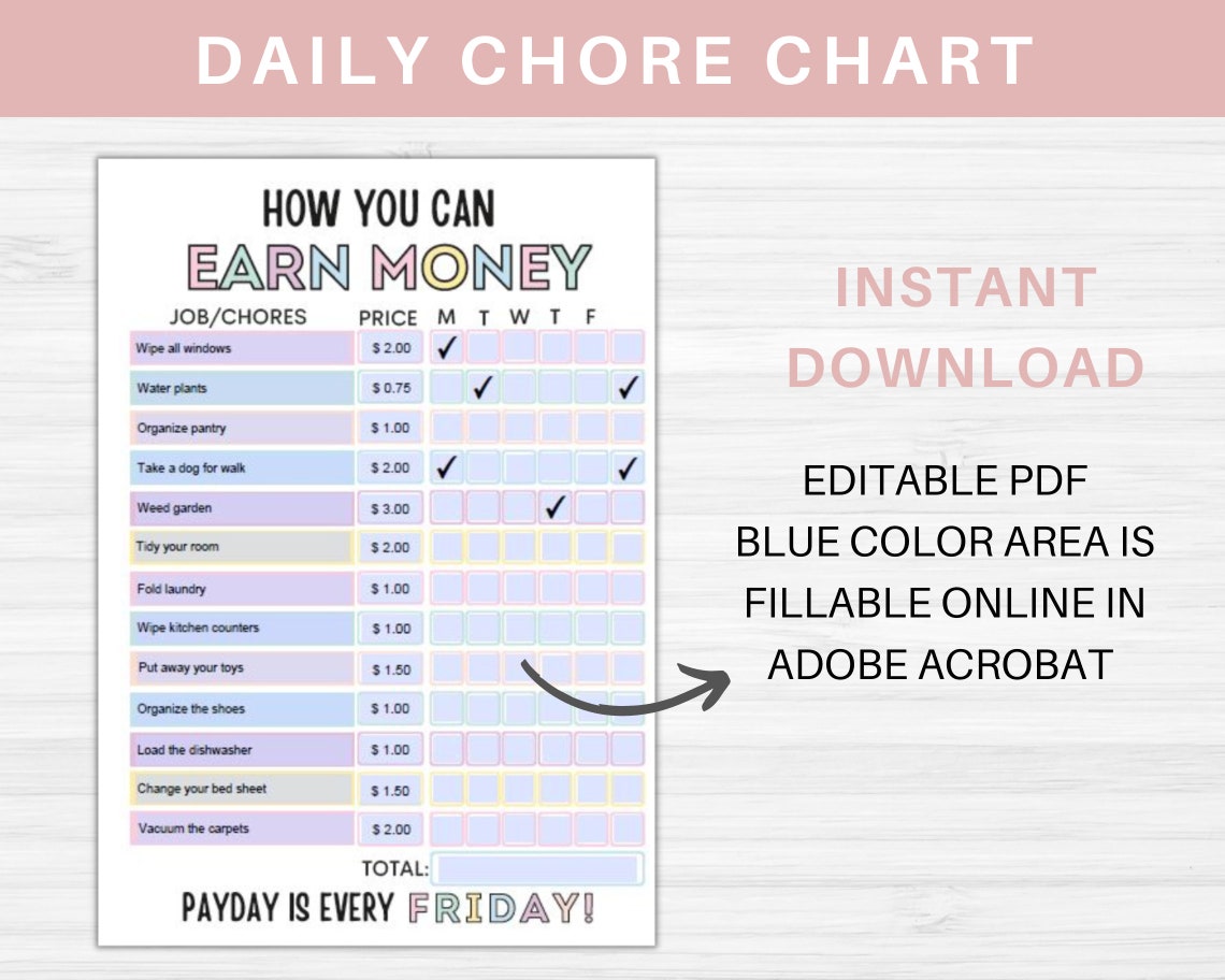 How to Earn Money Chore Chart Editable Allowance Chore Chart - Etsy