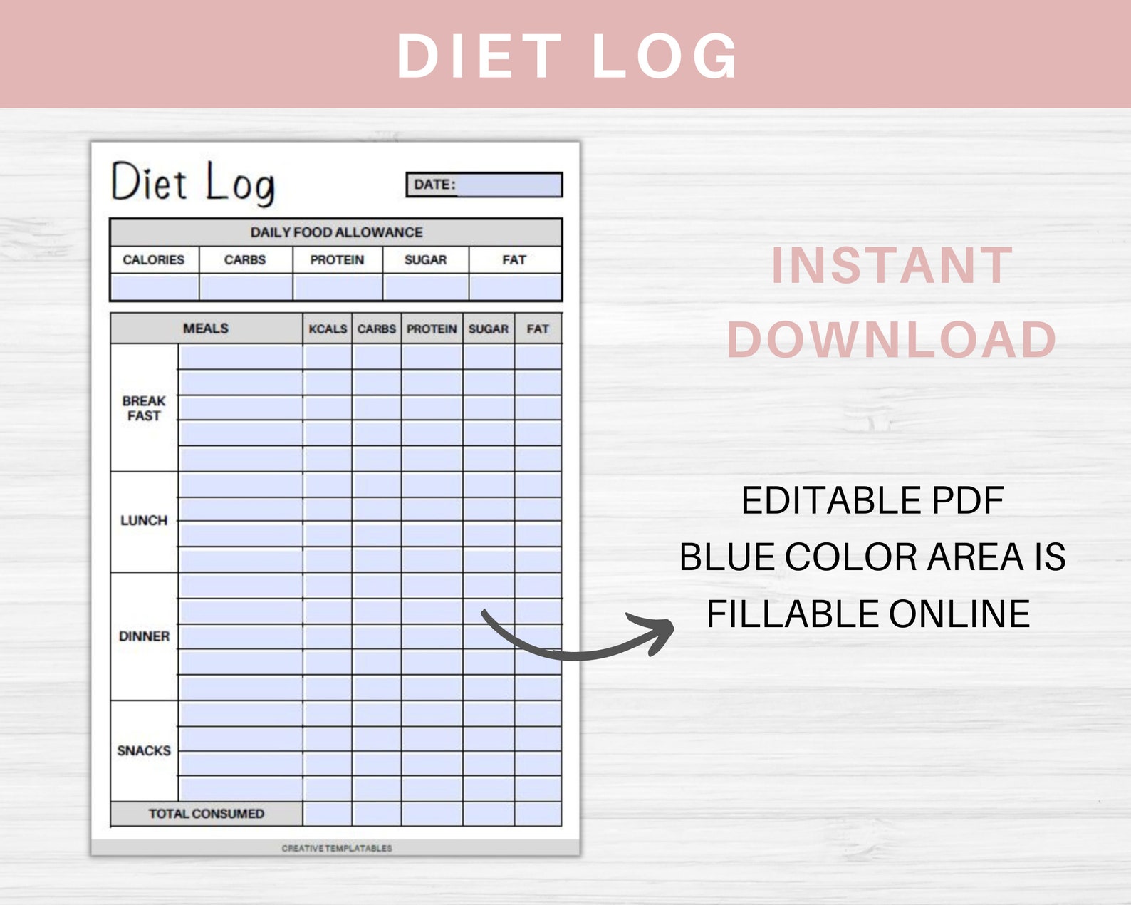 Diet Log Editable Diet Tracker Food Dairy Tracker Food - Etsy