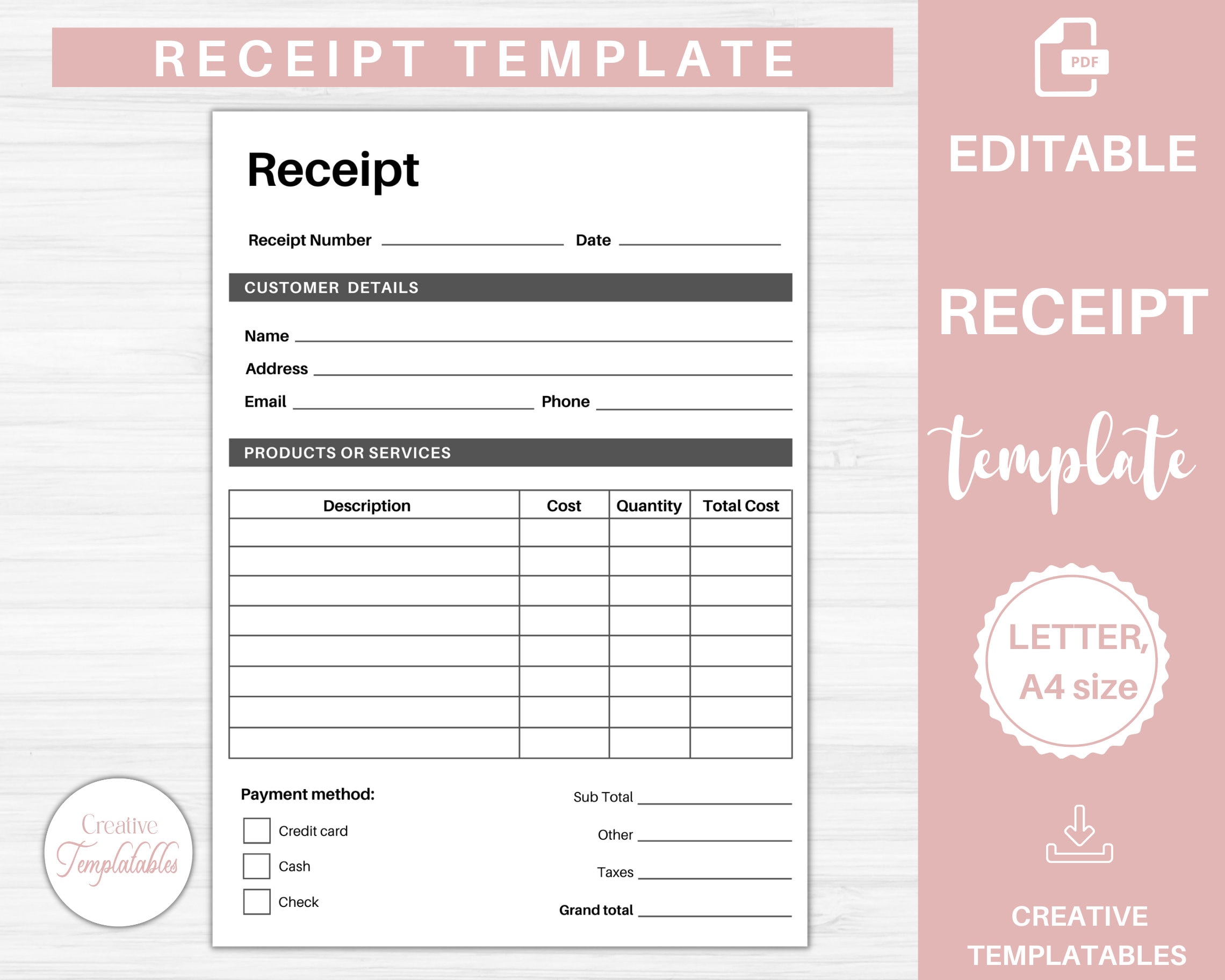 Receipt Template Editable Receipt Template Receipt Form - Etsy