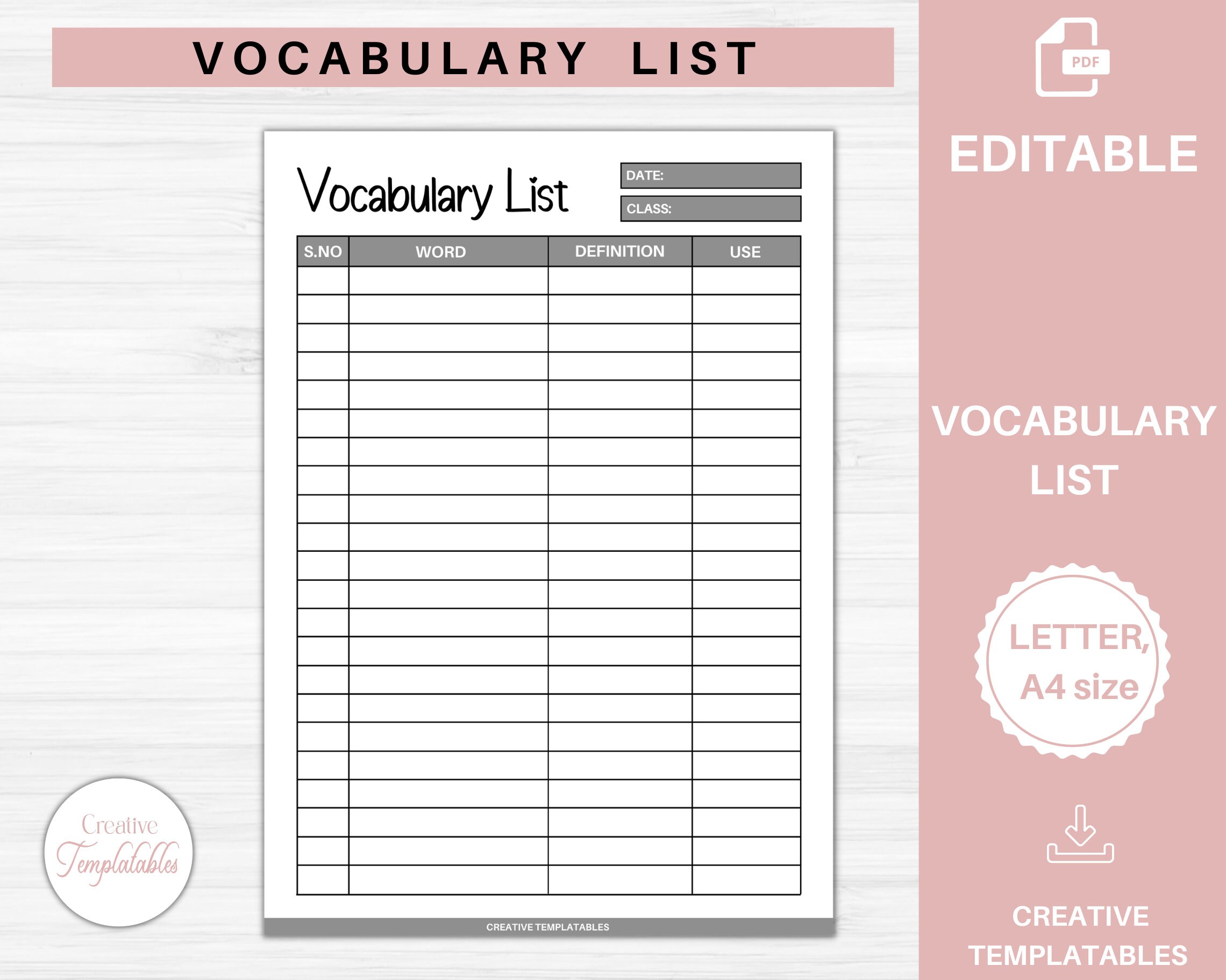 Vocabulary List Editable Vocabulary List Vocabulary Log - Etsy