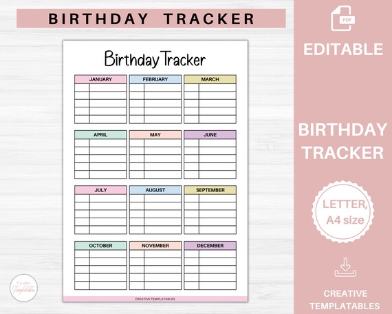 Birthday Tracker Editable Printable Birthday List Birthday - Etsy