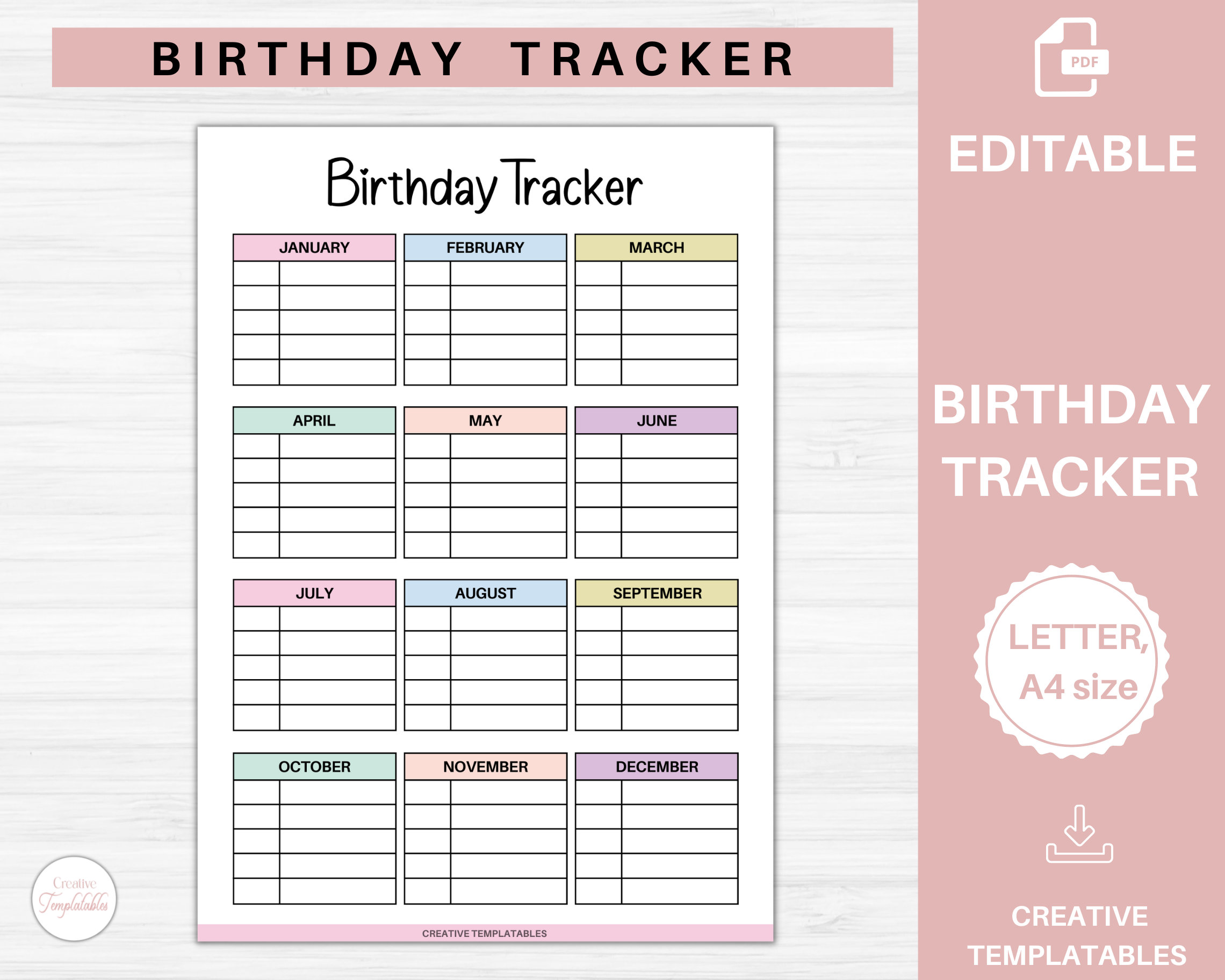 Birthday Tracker Editable Printable Birthday List Birthday - Etsy UK