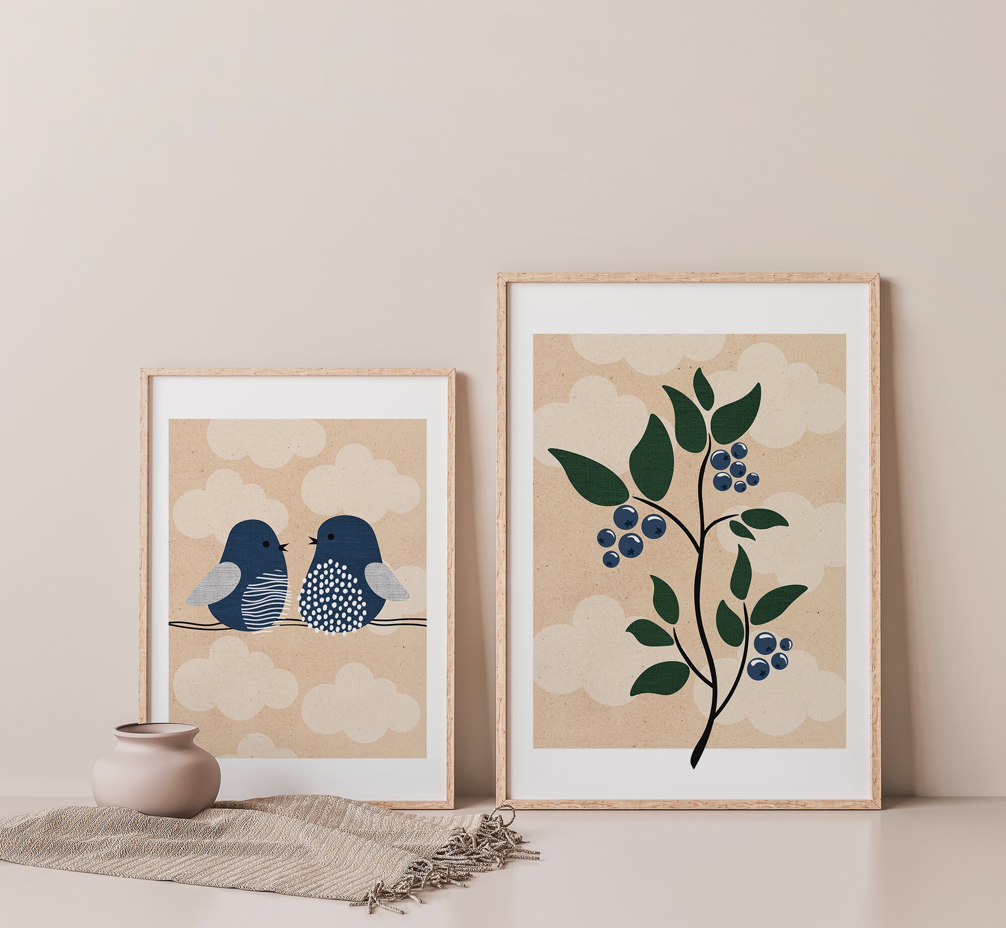 Set of Two | Blueberry Blue Birds Wall Art | | Digital Print | Blue ...