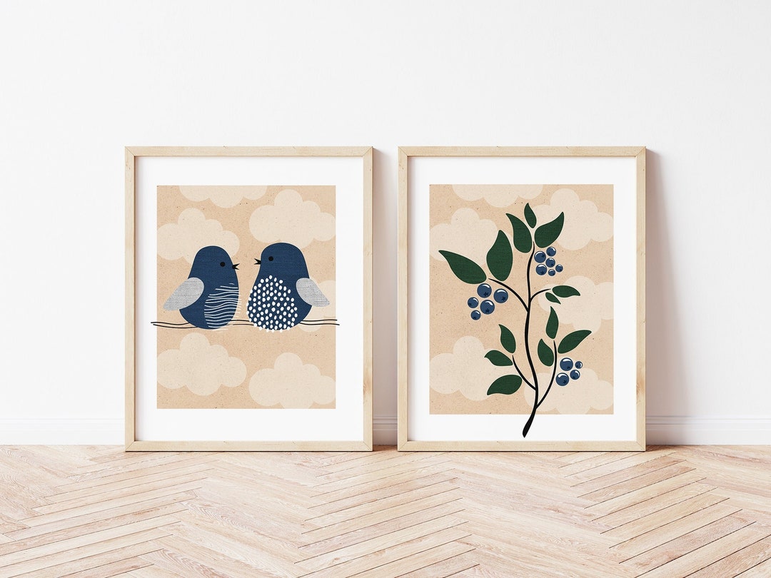 Set of Two | Blueberry Blue Birds Wall Art | | Digital Print | Blue ...