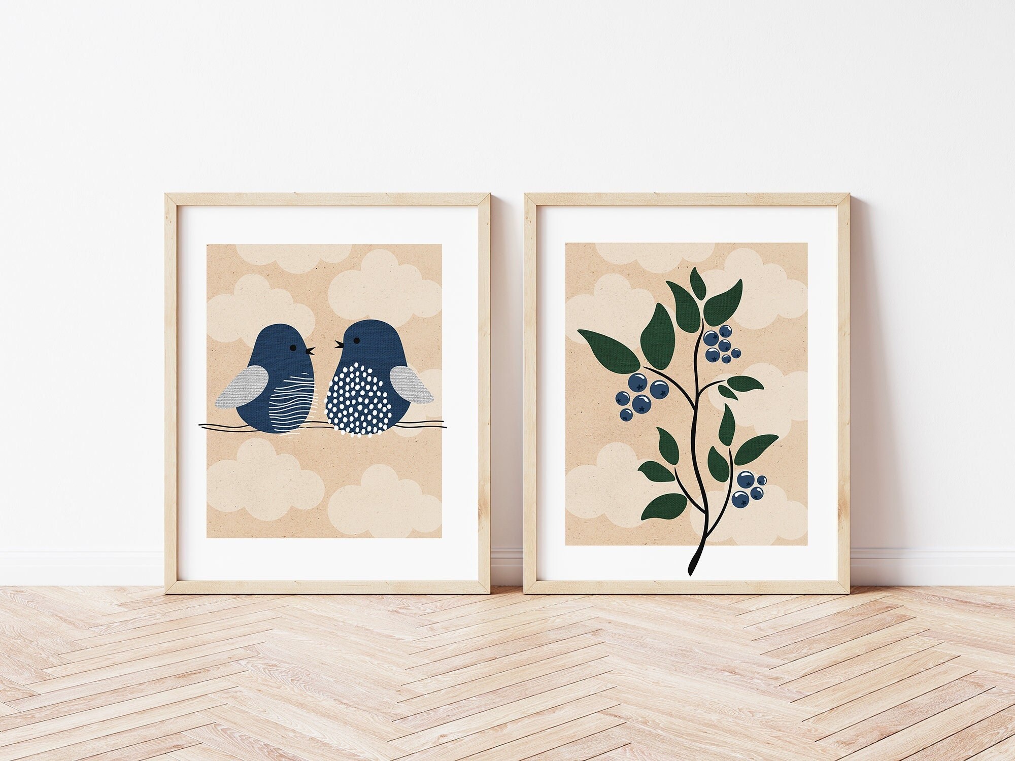 Set of Two Blueberry Blue Birds Wall Art Digital Print Blue Berry ...