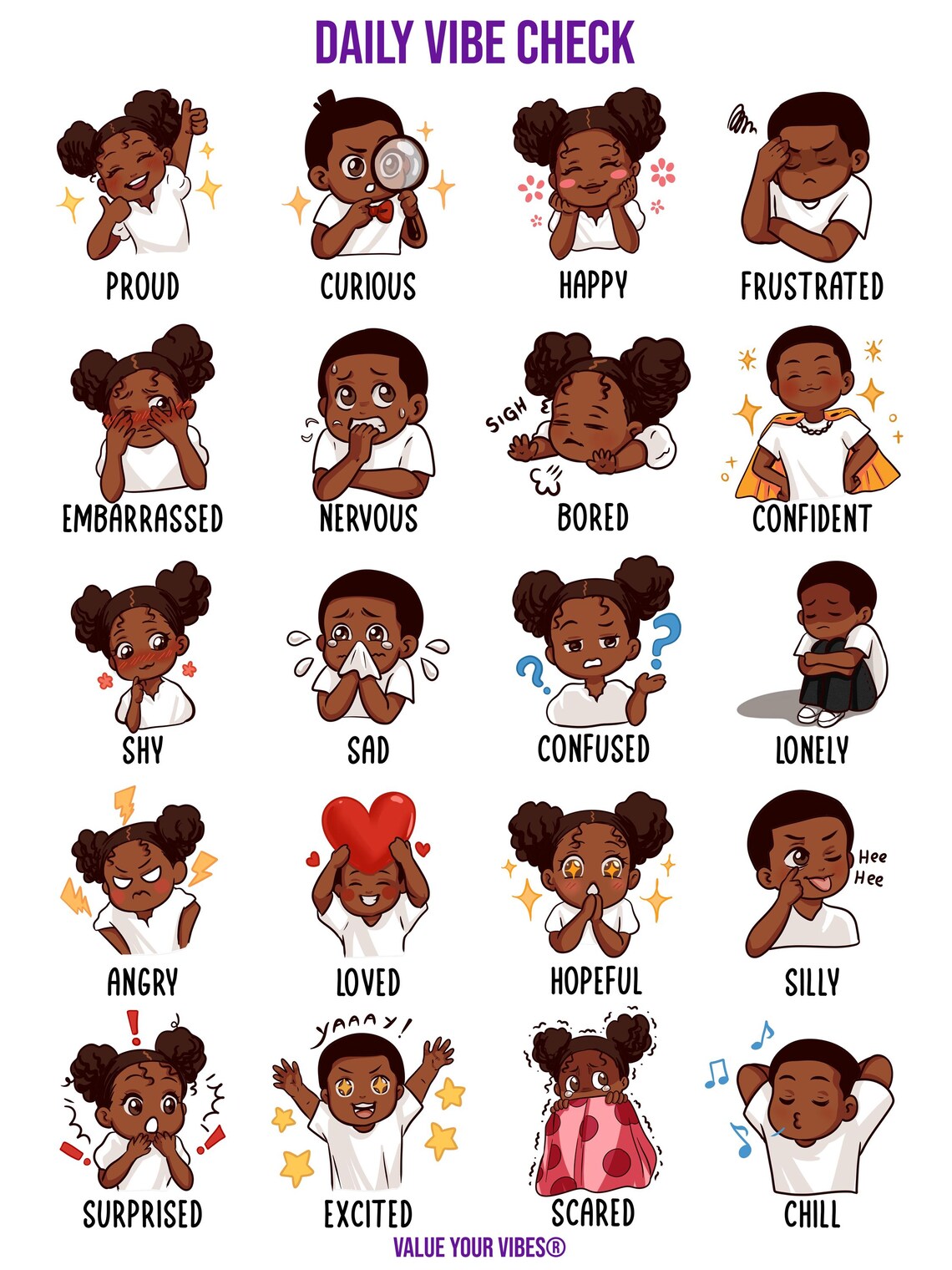 Daily Vibe Check Poster - Black Emotions, Feelings & Moods Chart - 18 ...