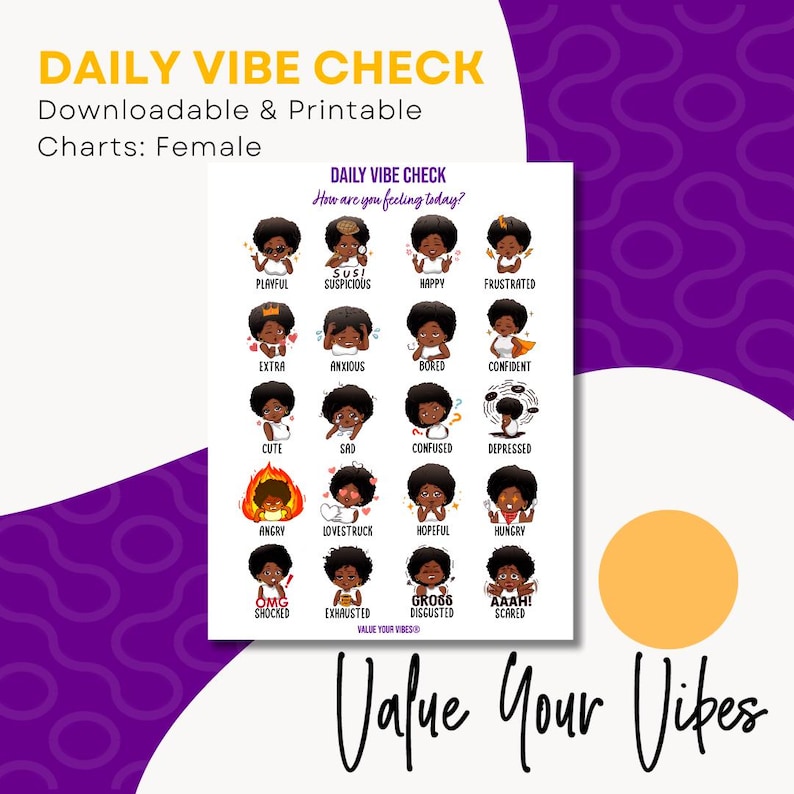 Feelings Chart for Black Women: Daily Vibe Check, Emotions Poster ...