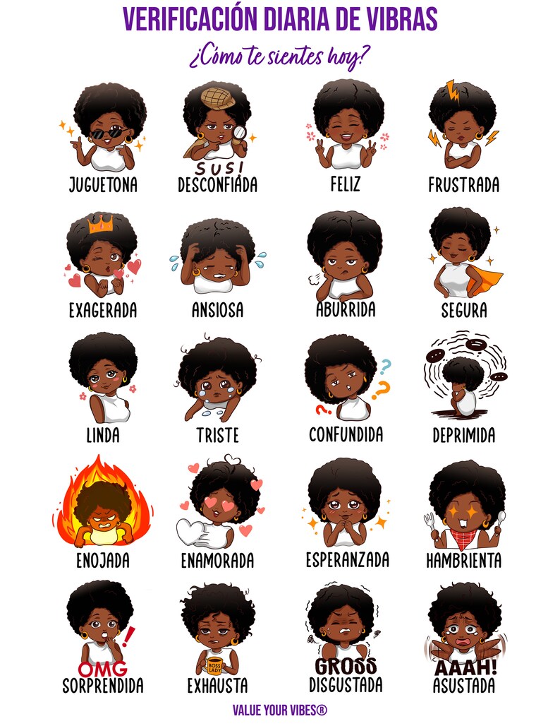 Spanish Feelings Chart for Black Women: Daily Vibe Check Poster ...