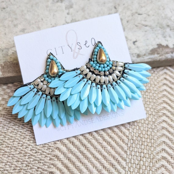 Turquoise Beaded Aztec Wing Stud Earrings City and Sea - Etsy