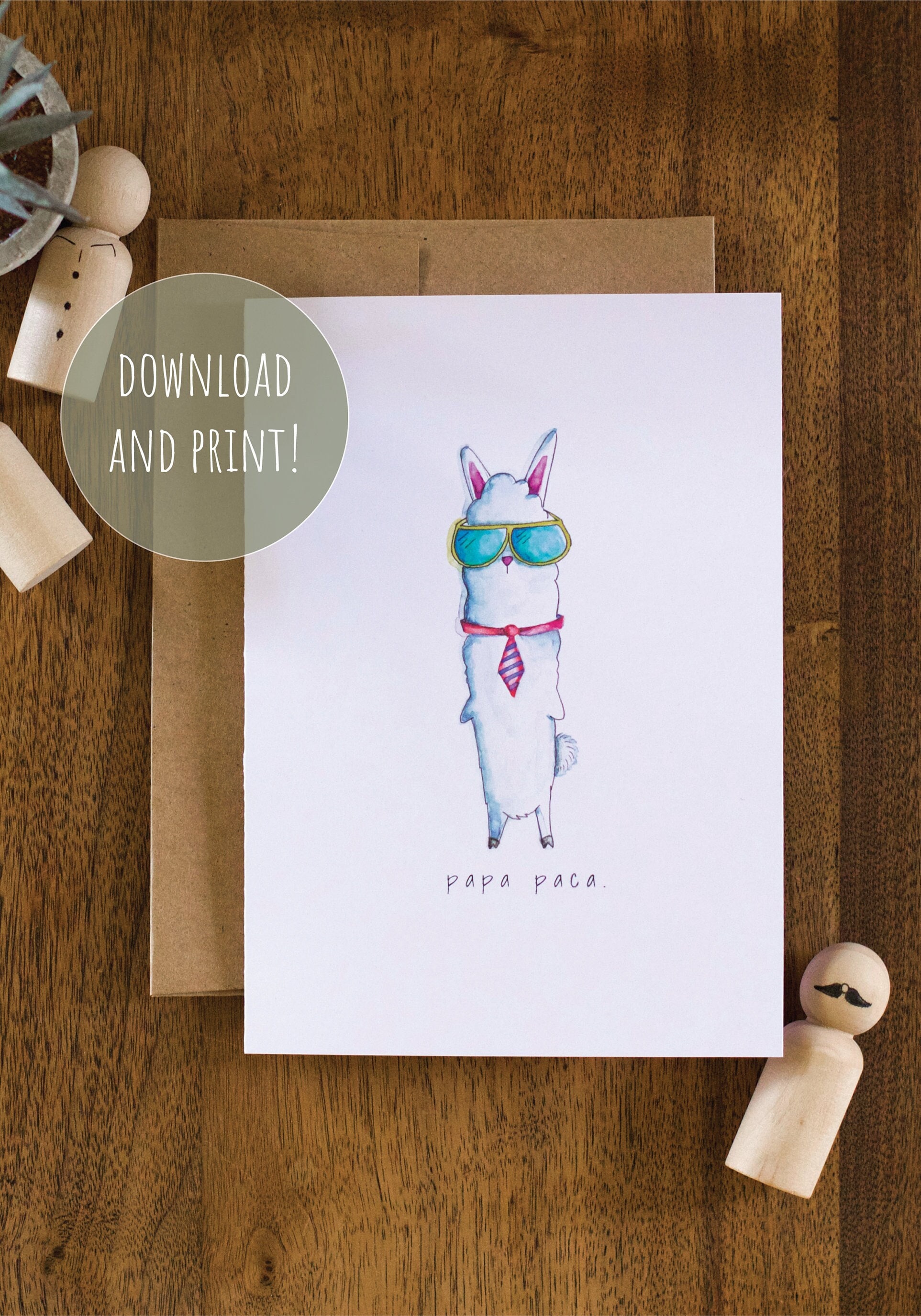 Printable Father's Day Card Foldable Alpaca Papa Paca Watercolor Blank ...