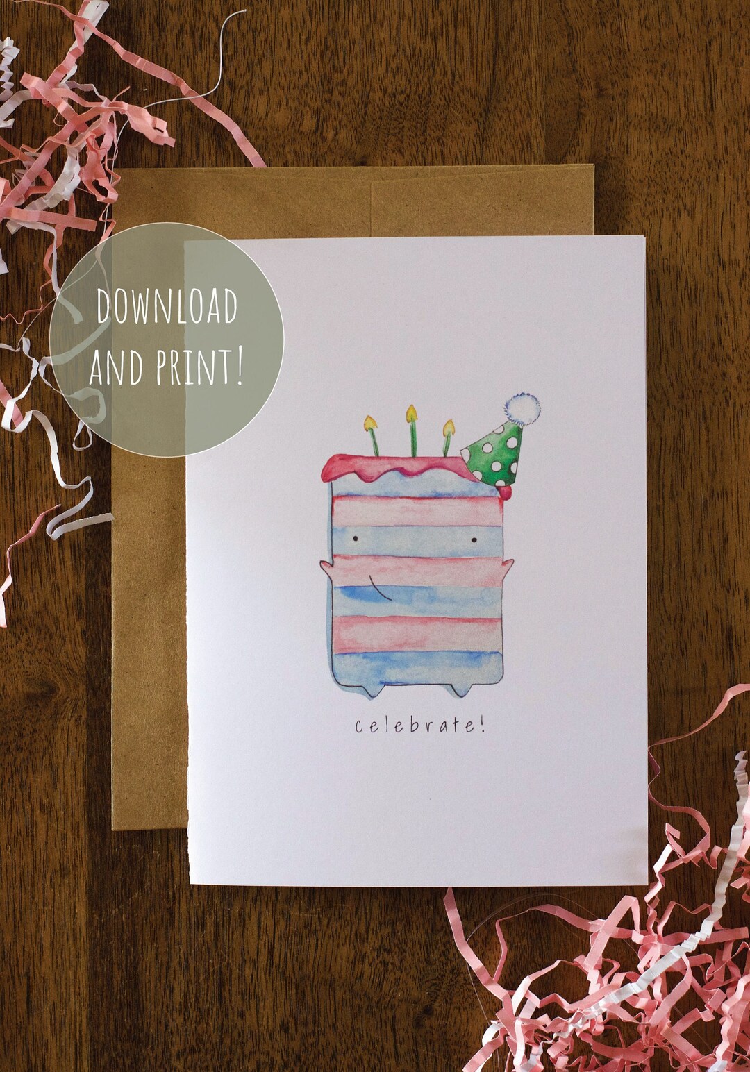 Printable Birthday Card Foldable Cake Celebrate Watercolor Blank Inside ...