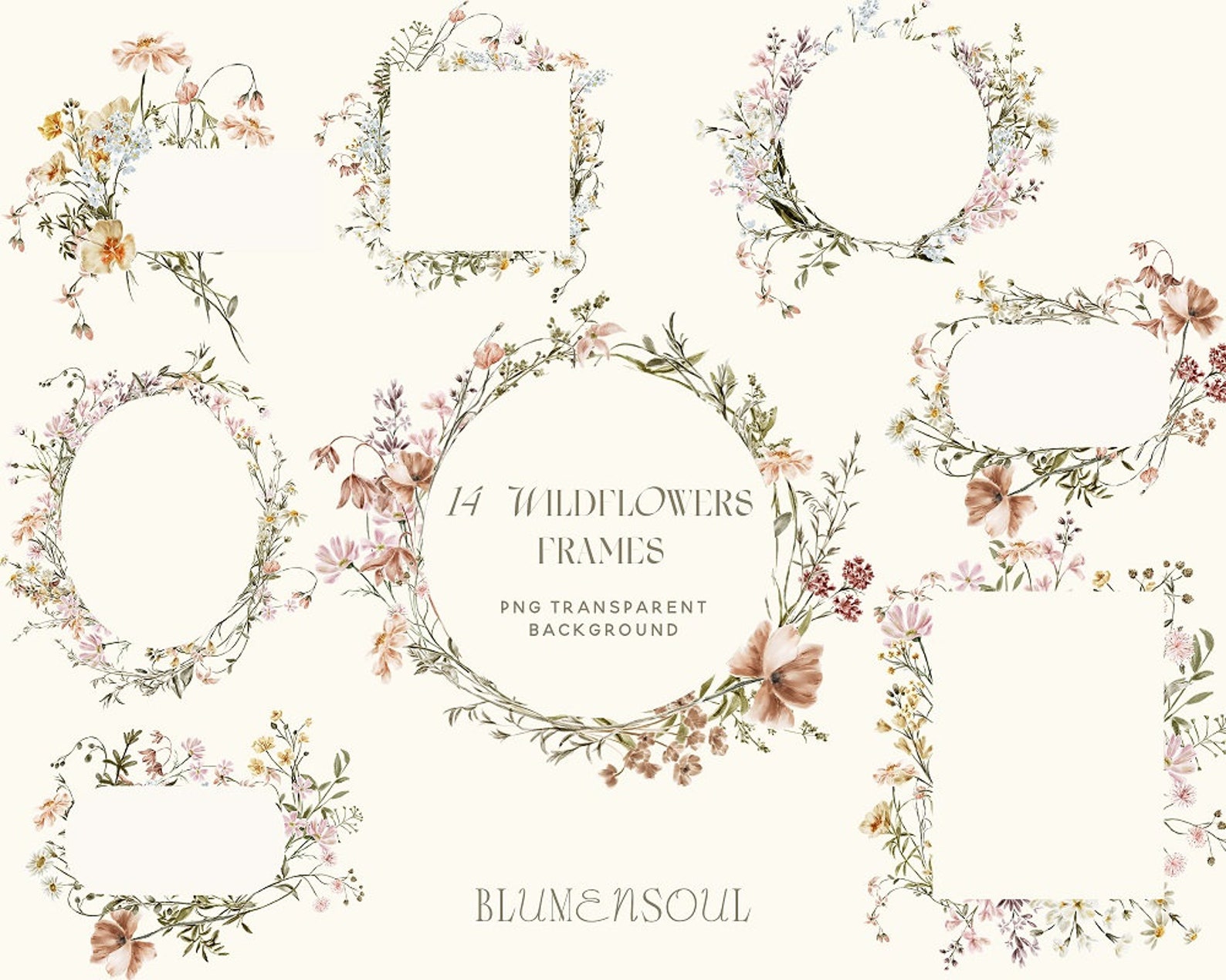 Wildflower Frames Clipart, Floral Clipart, PNG, Meadow Flowers ...