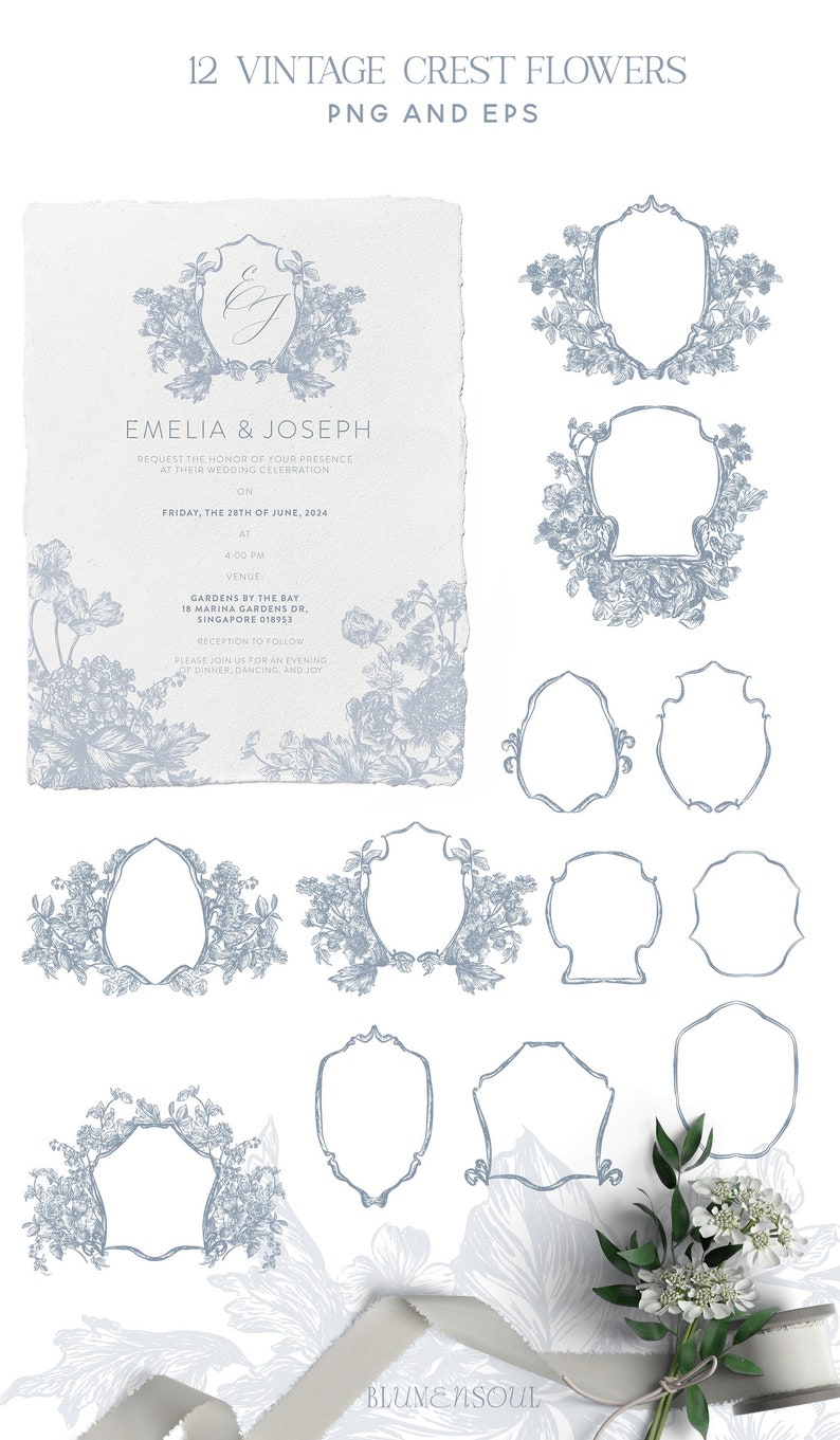 Crest Flowers, Vintage Line Art Flowers, Vector EPS, Botanical Clipart ...