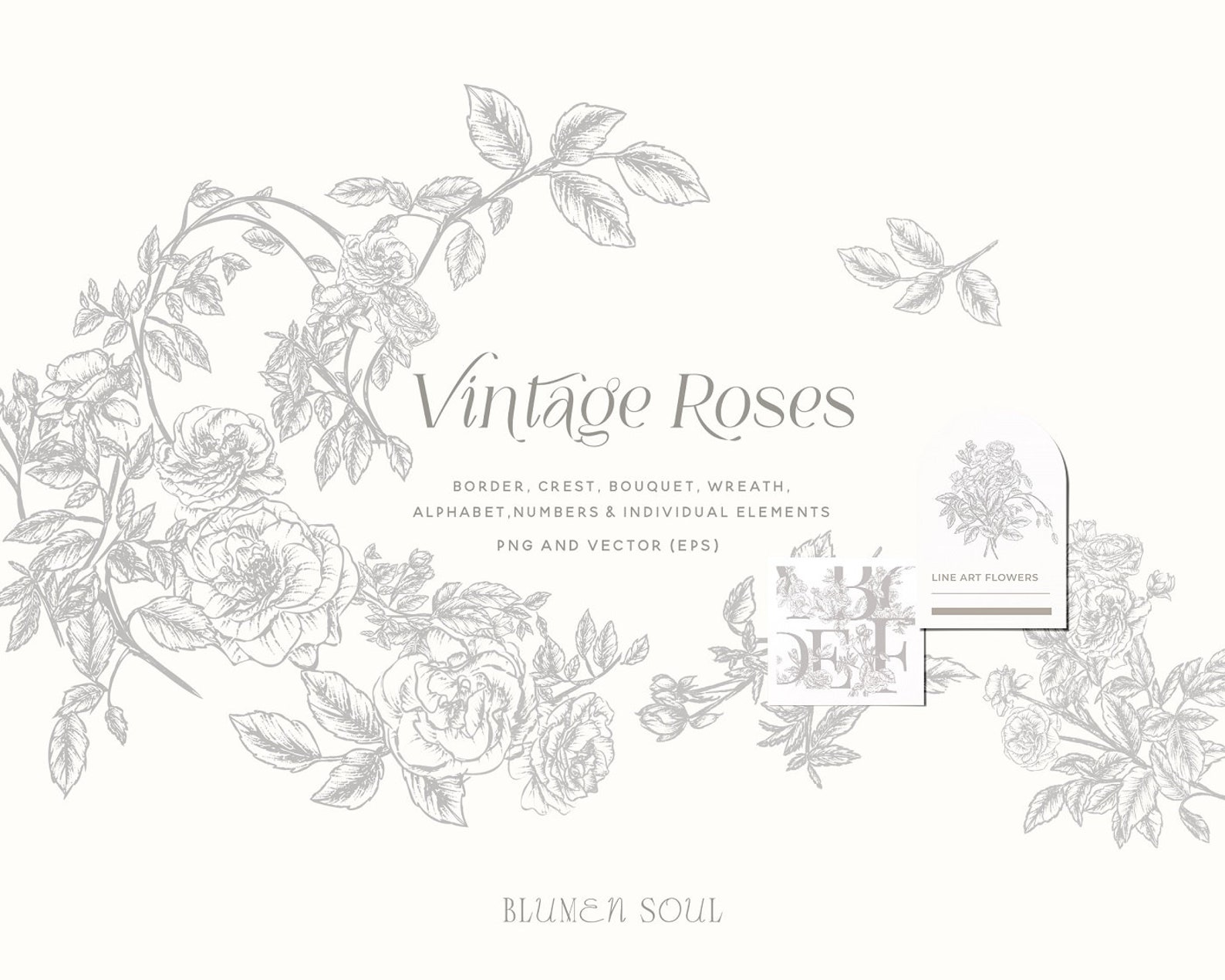 Vintage Rose Flowers, Floral Clipart, Line Art Flowers, Botanical ...