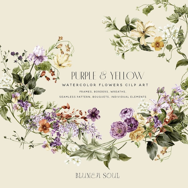 Bouquet Clipart, Purple Flower, Yellow Watercolor Floral, Wildflower ...