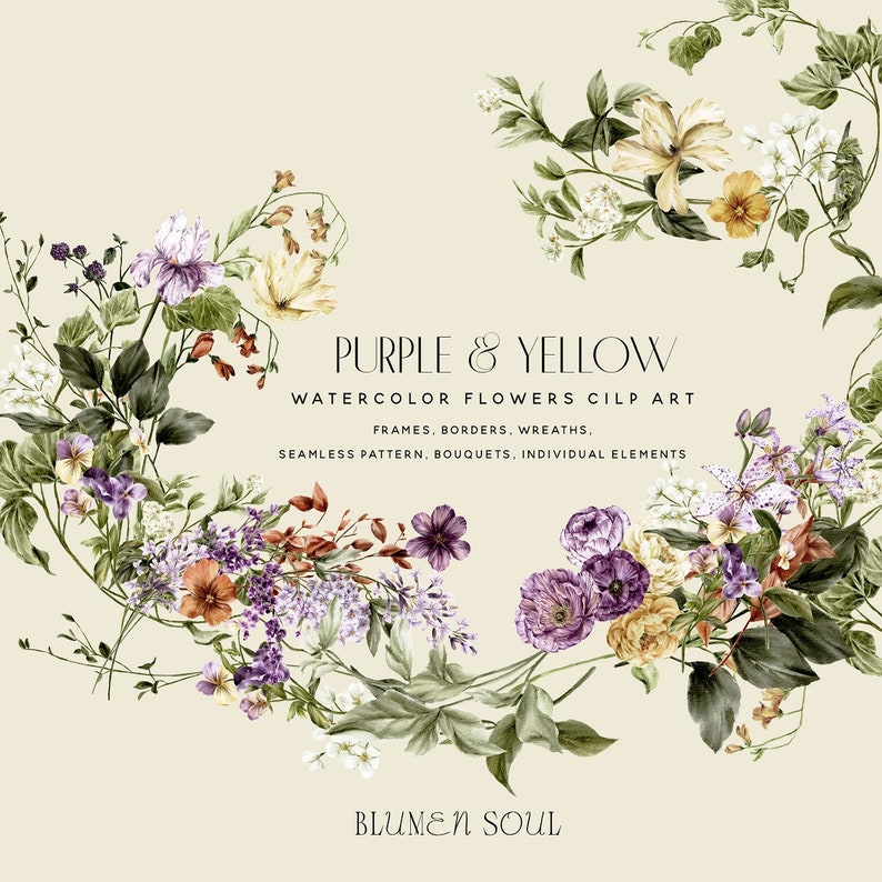 Purple Flower, Yellow Watercolor Floral, Wildflower Clipart, PNG ...
