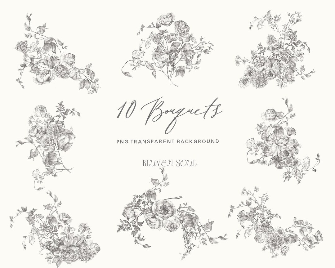 Flowers Line Art, Pencil Sketch Flowers Clipart, Png Files, Commercial ...