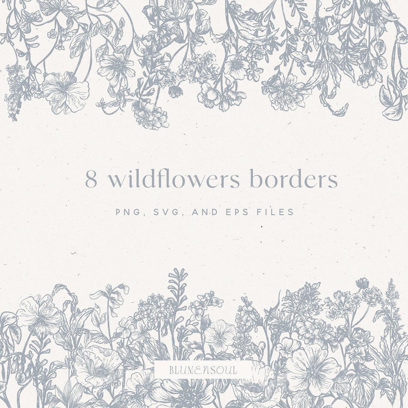 Wildflower Border Clipart, Line Art Wildflowers, Vintage Flowers ...