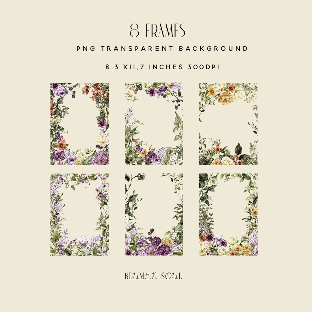 Frame Clipart, Purple Flower, Yellow Watercolor Floral, Wildflower ...