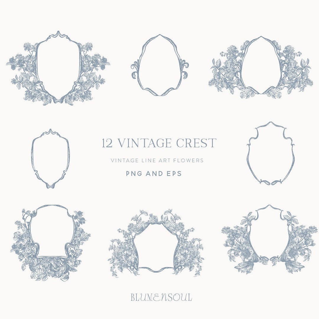 Crest Flowers, Vintage Line Art Flowers, Vector EPS, Botanical Clipart ...