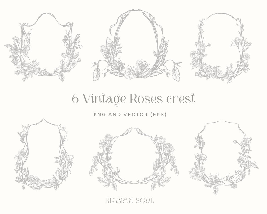 Vintage Rose Crest Flowers, Bouquet Floral Clipart, Line Art, Botanical ...