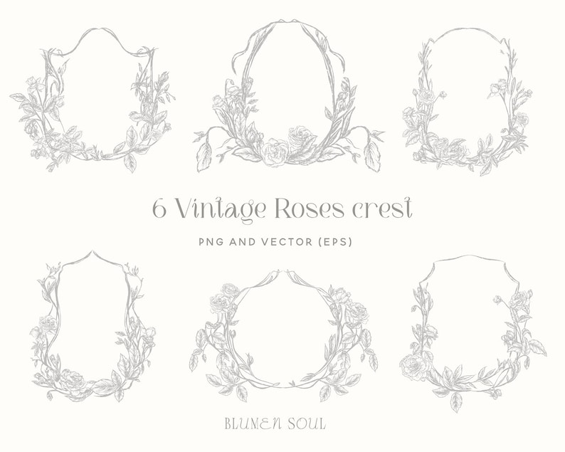 Vintage Rose Crest Flowers, Bouquet Floral Clipart, Line Art, Botanical ...