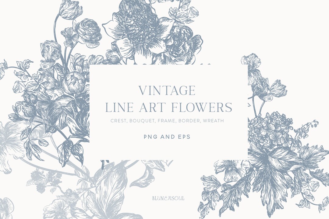 Vintage Line Art Flowers, Vector EPS, Botanical Clipart, Wreath, Frame ...