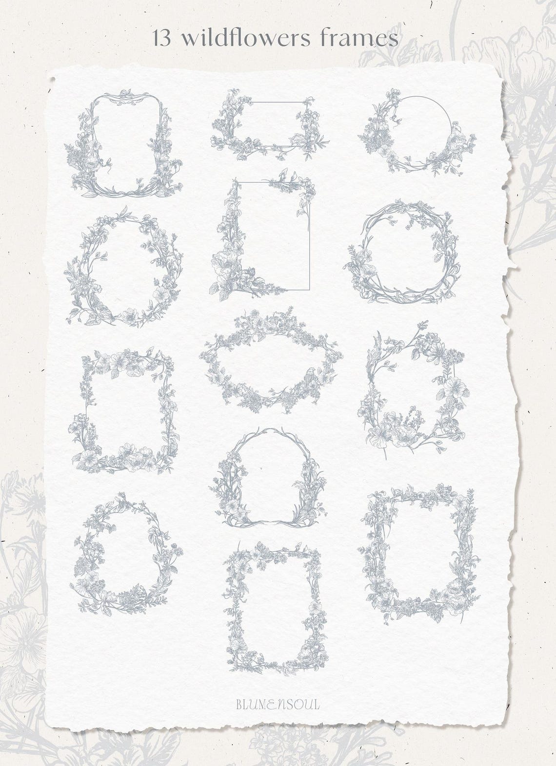 Wildflower Frames Clipart, Line Art Wildflowers, Vintage Flowers ...