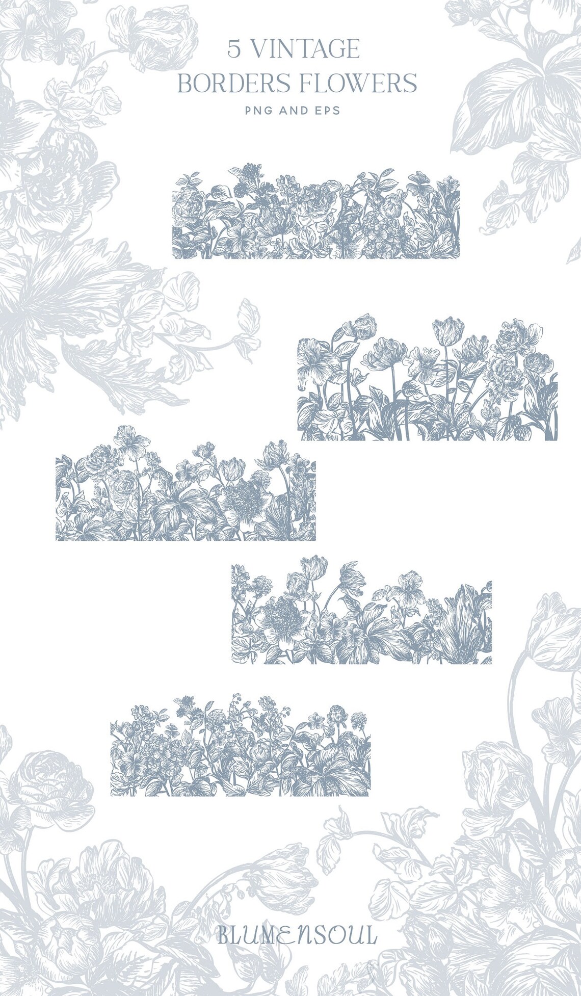 Border Flowers, Vintage Line Art Flowers, Vector EPS, Botanical Clipart ...