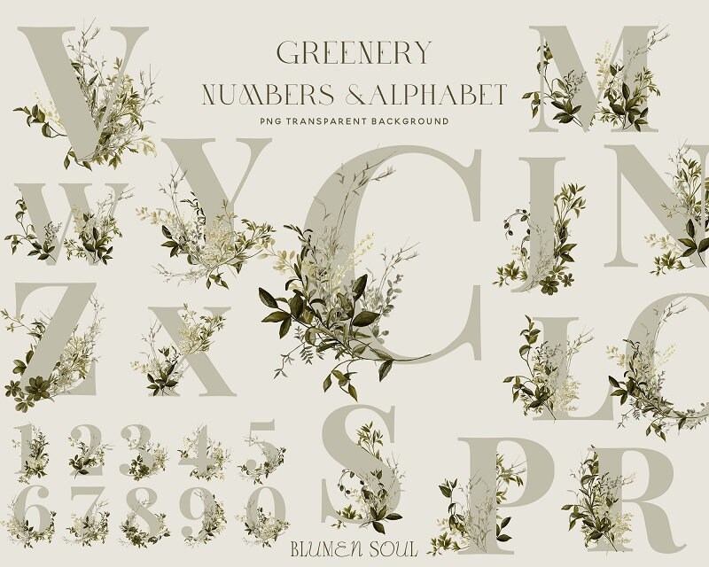 Greenery Numbers Monogram Watercolor Clipart Greenery Frames Borders ...