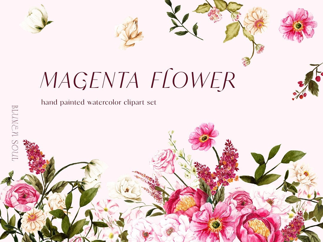 Magenta Watercolor Flowers Illustrations, Floral Clipart Wedding ...