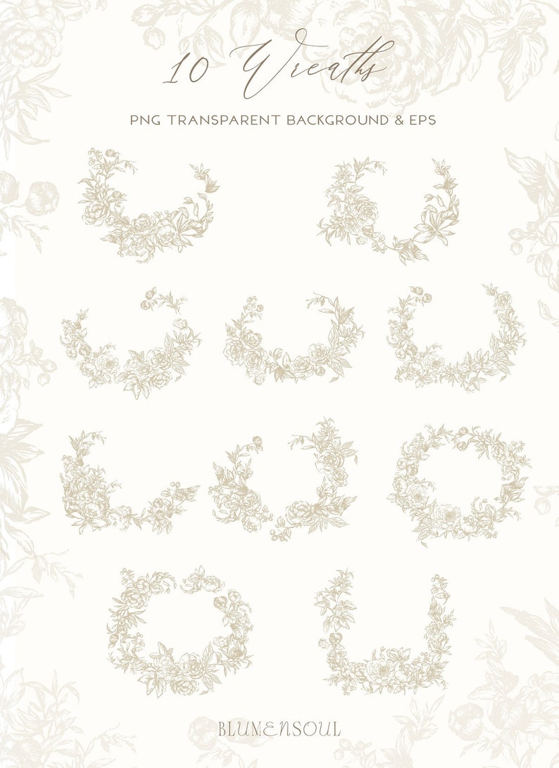 Wreaths Peony Flower Clipart Line Art Vintage Fine Art Botanical PNG ...