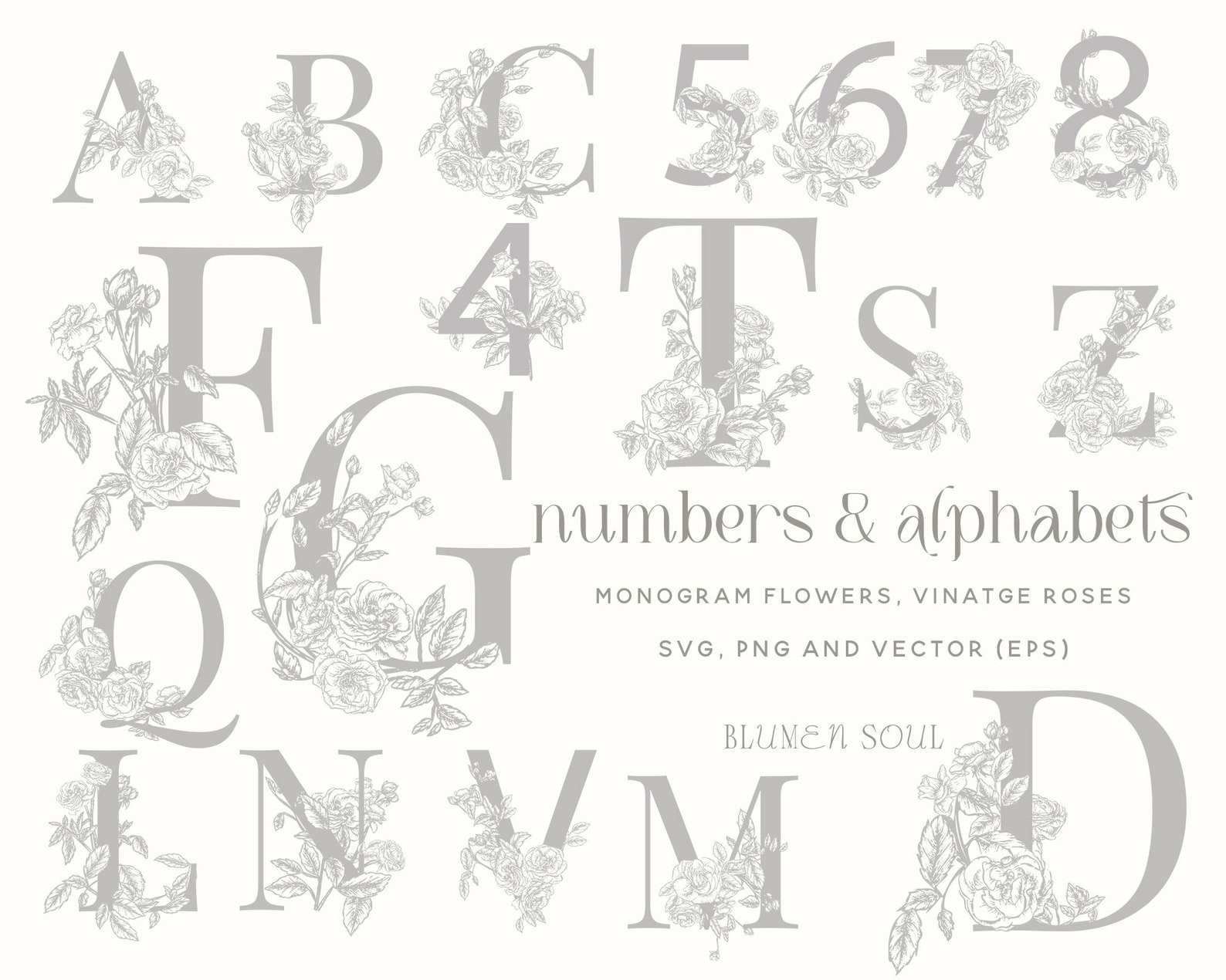 SVG Monogram Flower, Number and Alphabet, Vintage Rose Floral Clipart ...