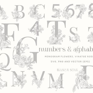 SVG Monogram Flower, Number and Alphabet, Vintage Rose Floral Clipart ...